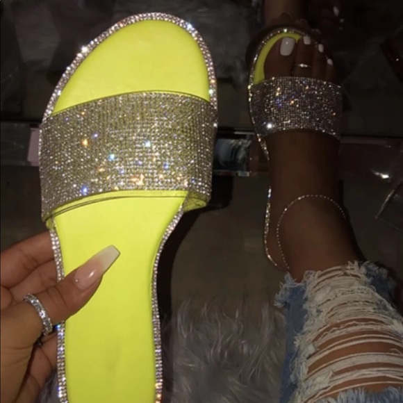 Shoes | Neon Yellow Rhinestone Slides | Poshmark